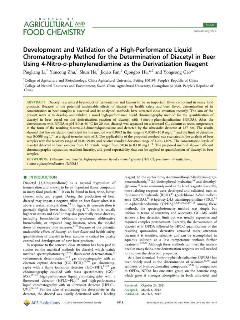HPLC Method for Diacetyl in Beer | PDF | Detection Limit | High ...