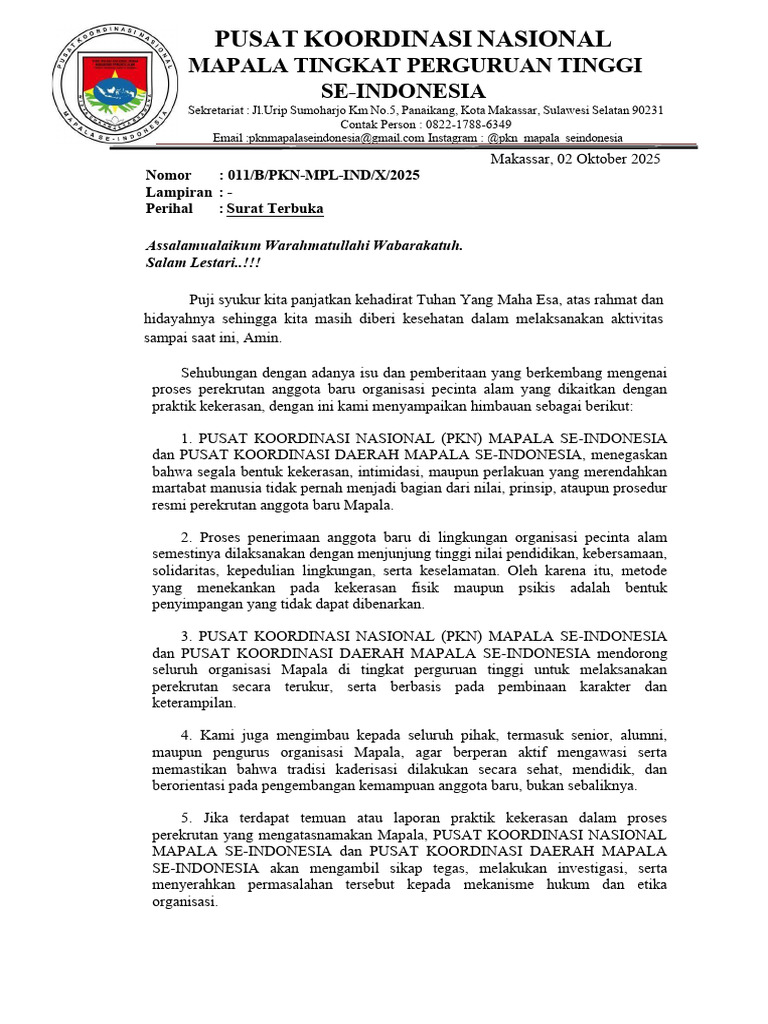 Surat Terbuka PKN-PKD Mapala Se-Indonesia | PDF