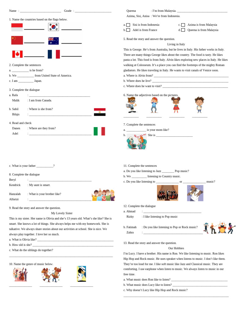 Countries, Music, and Family Activities Worksheet | PDF | Chess Theory ...