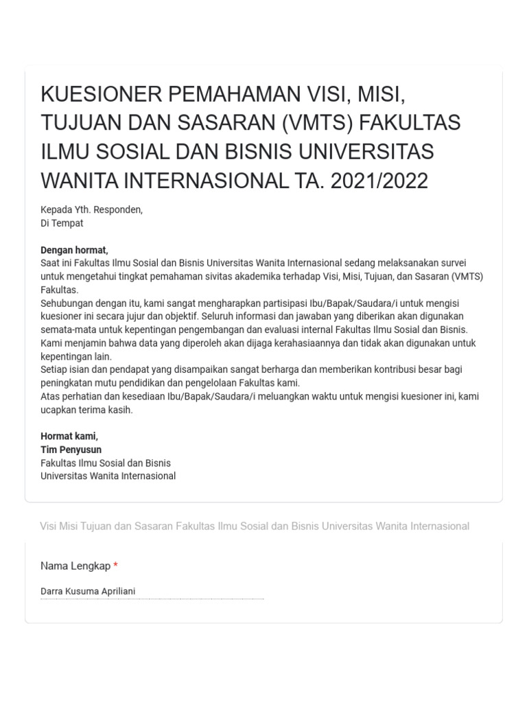 Kuesioner Pemahaman Visi, Misi, Tujuan Dan Sasaran (Vmts) Fakultas Ilmu ...