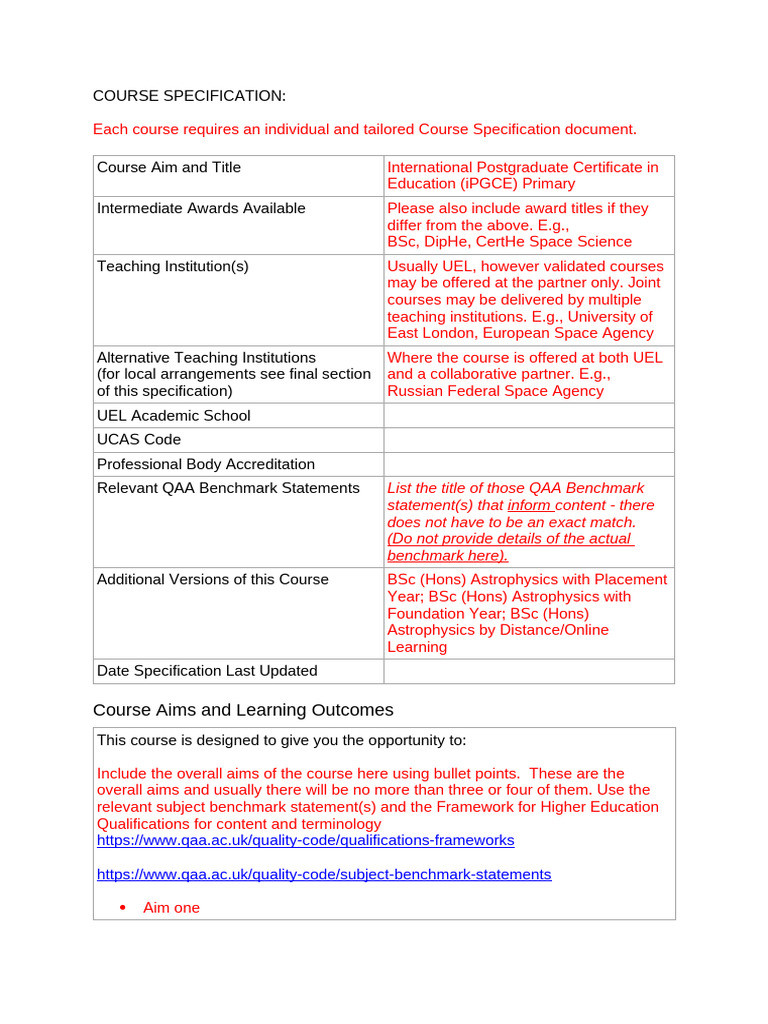 Course Specification Template | PDF | Skill | Learning