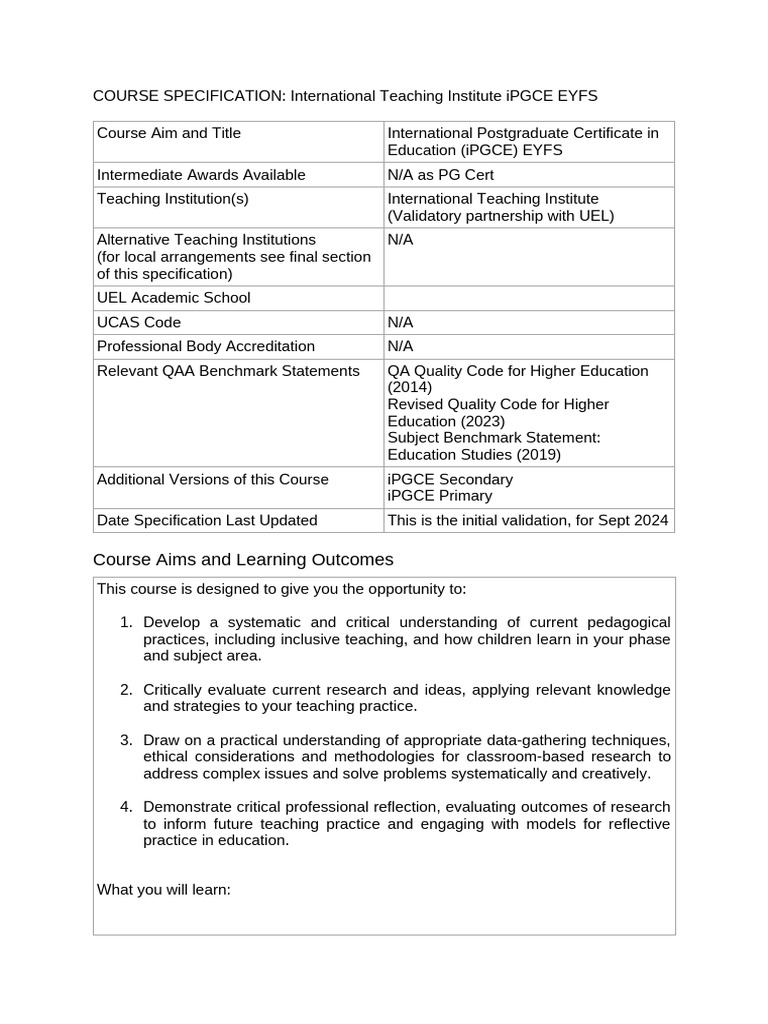IPGCE EYFS International Teaching Institute | PDF | Reflective Practice ...