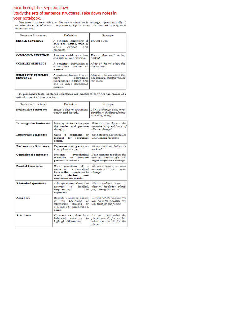 Sentence Structure Notes 1 | PDF