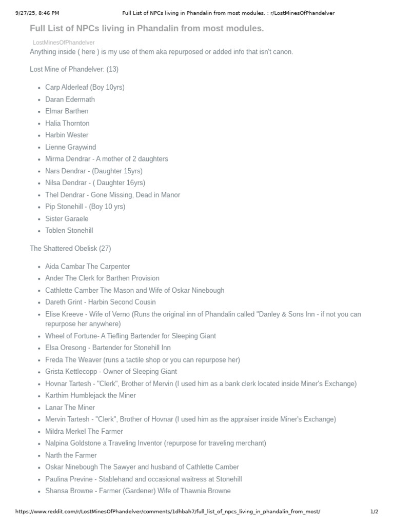 Full List of NPCs Living in Phandalin From Most Modules. - R - LostMinesOfPhandelver | PDF