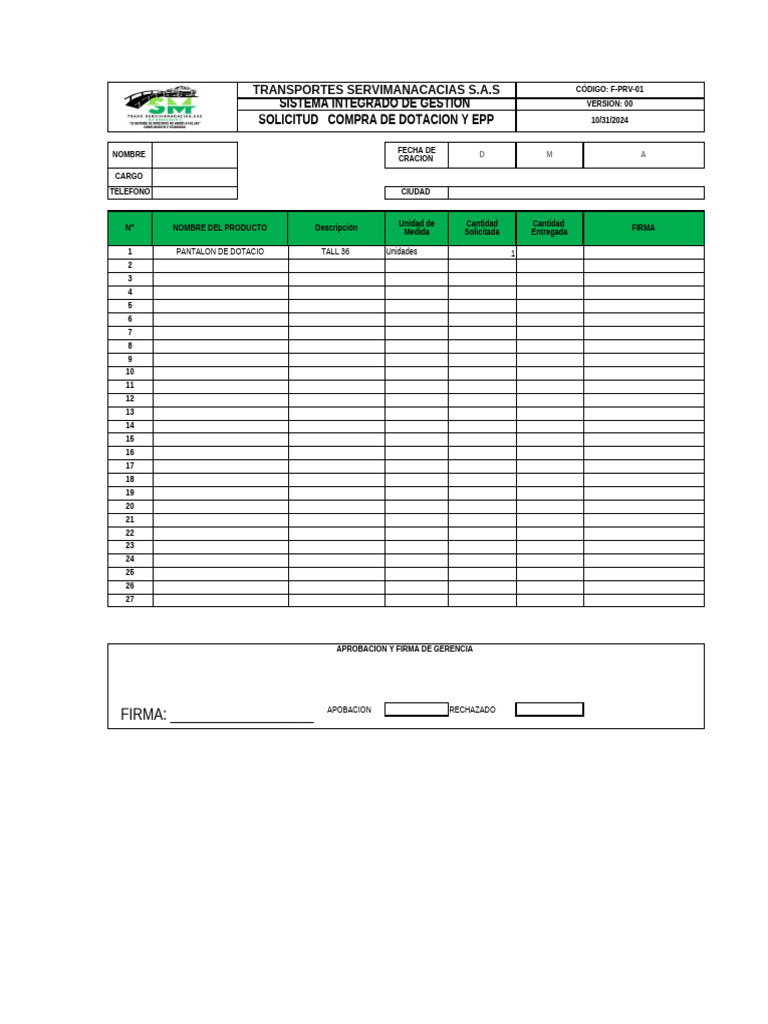 F-prv-01 Solicitud Compra de Dotacion y Epp | PDF