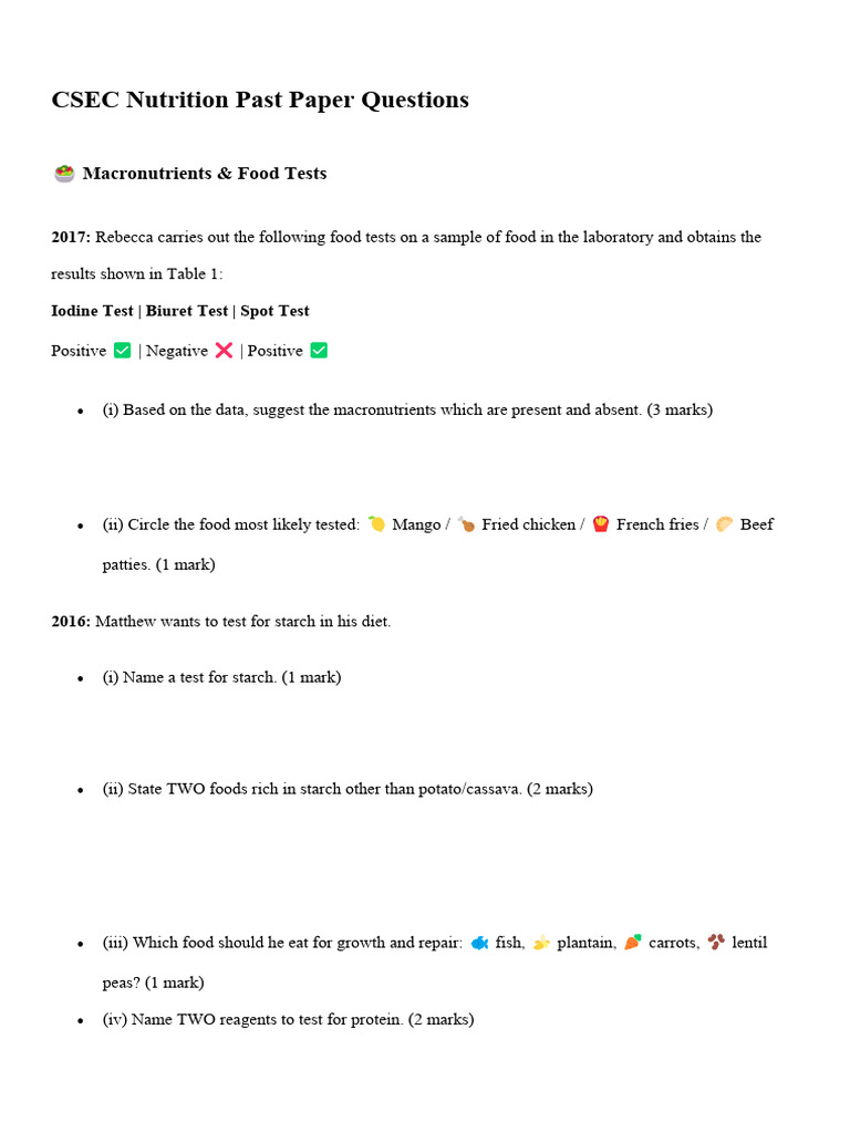 CSEC Nutrition Past Paper Questions | PDF | Vitamin | Malnutrition