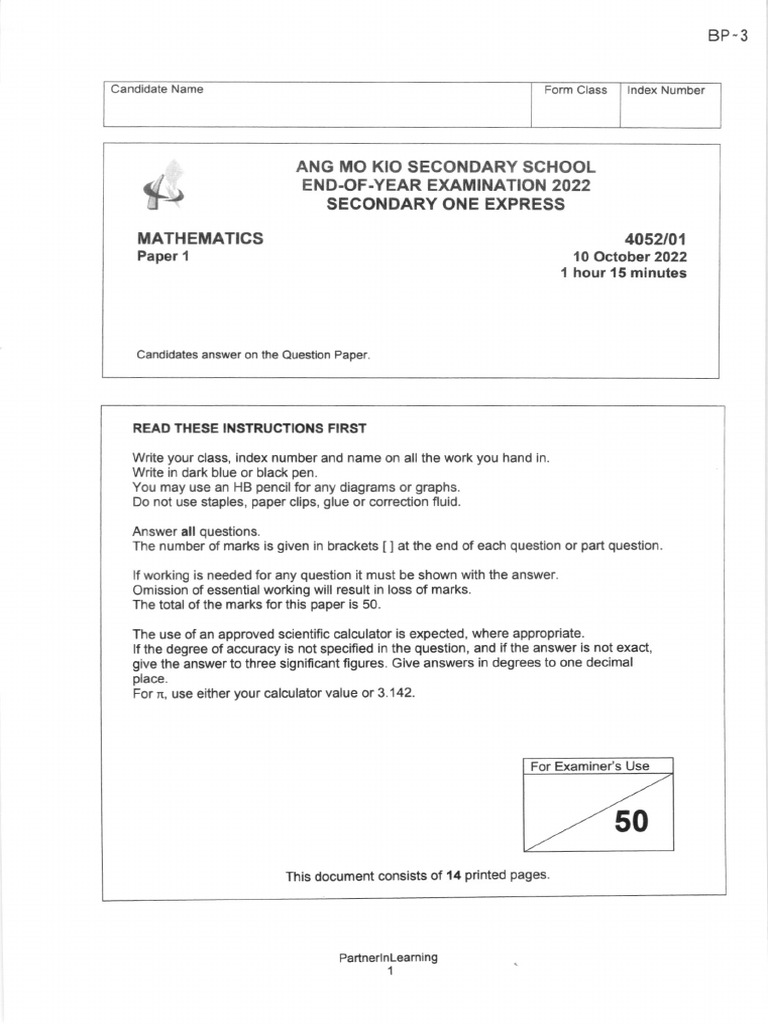 2022 Secondary One Express Math Exam | PDF | Arithmetic | Elementary ...