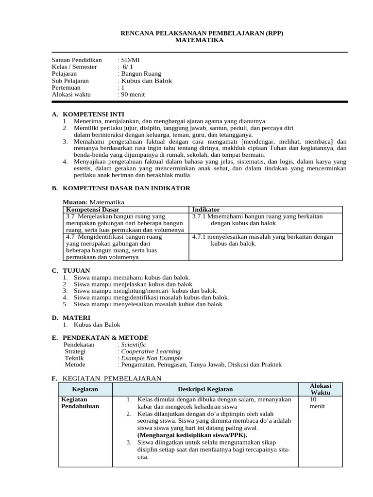 RPP Kelas 6 Sayuin S.Pd. - Kubus Dan Balok | PDF