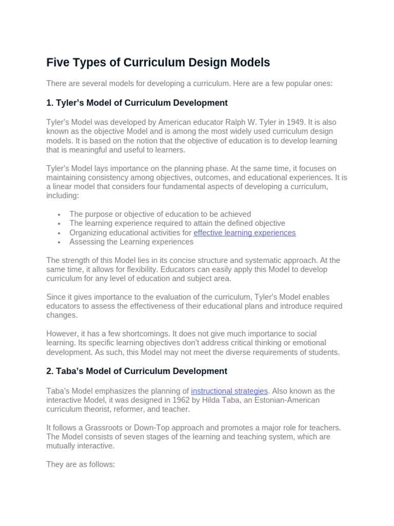 Overview of Five Curriculum Models | PDF | Curriculum | Learning