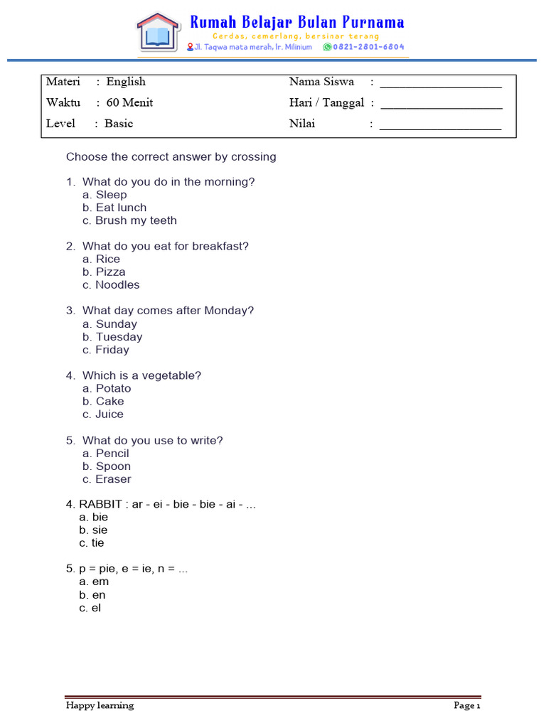 Test Level Bhs Inggris Basic | PDF | Foods | Cuisine