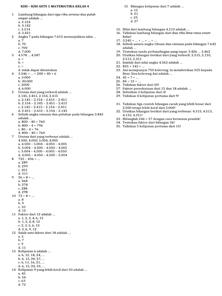 Kisi-kisi ASTS Kelas 4 Matematika | PDF