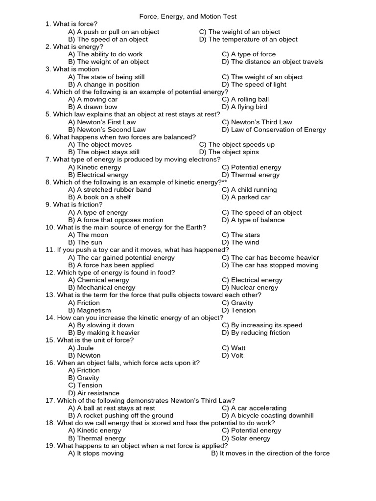 Force, Energy and Motion Test | PDF | Force | Potential Energy