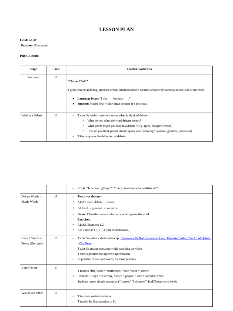 Engaging Debate Lesson Plan A1-B1 | PDF | Communication | Cognition