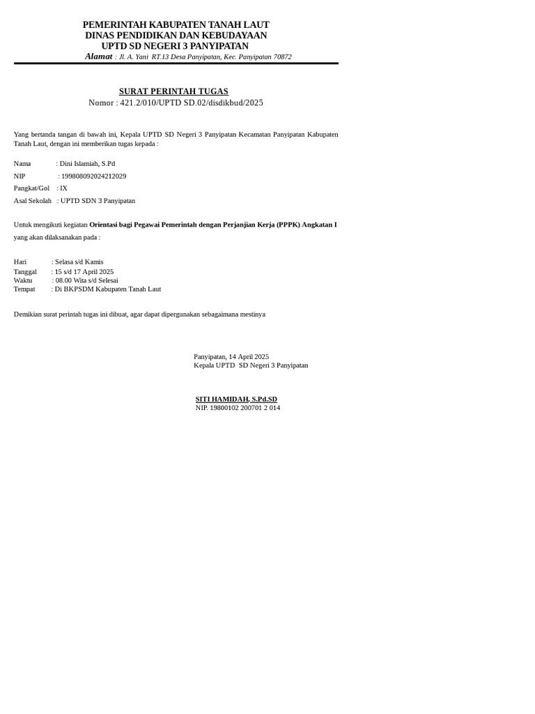 Surat Tugas Orientasi | PDF