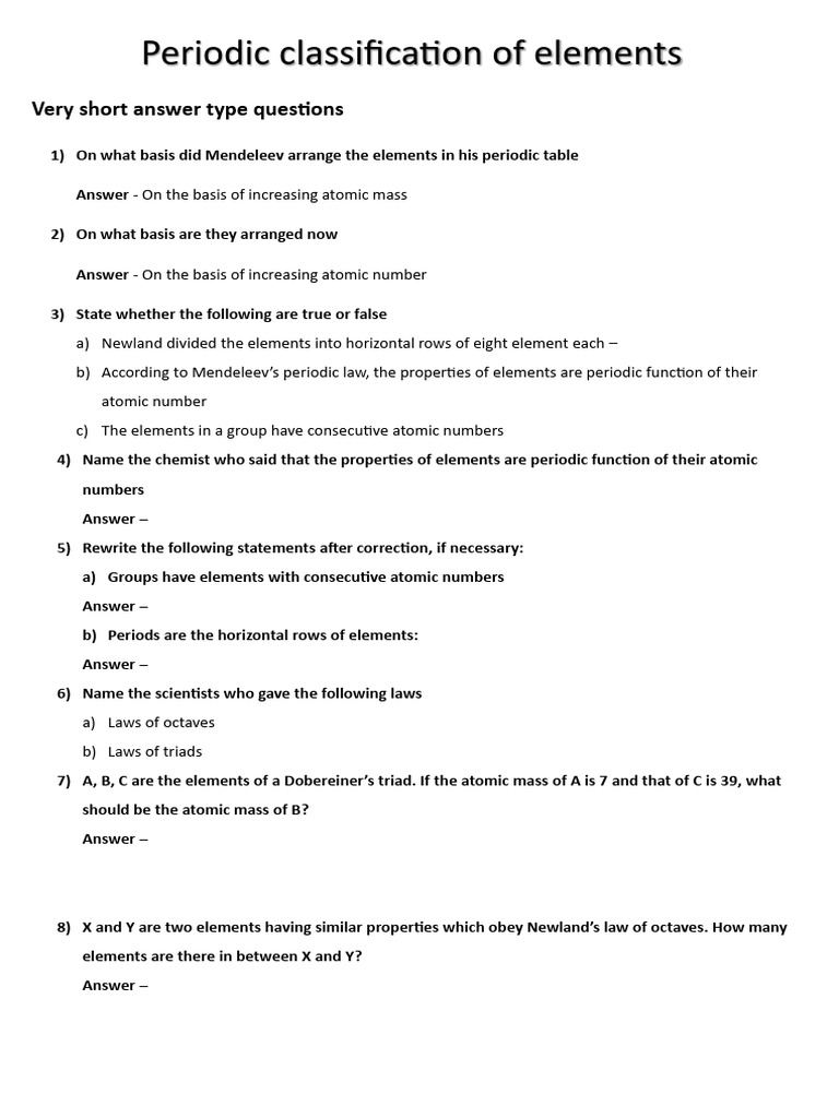 Periodic Table Questions and Answers | PDF | Periodic Table | Chemical ...