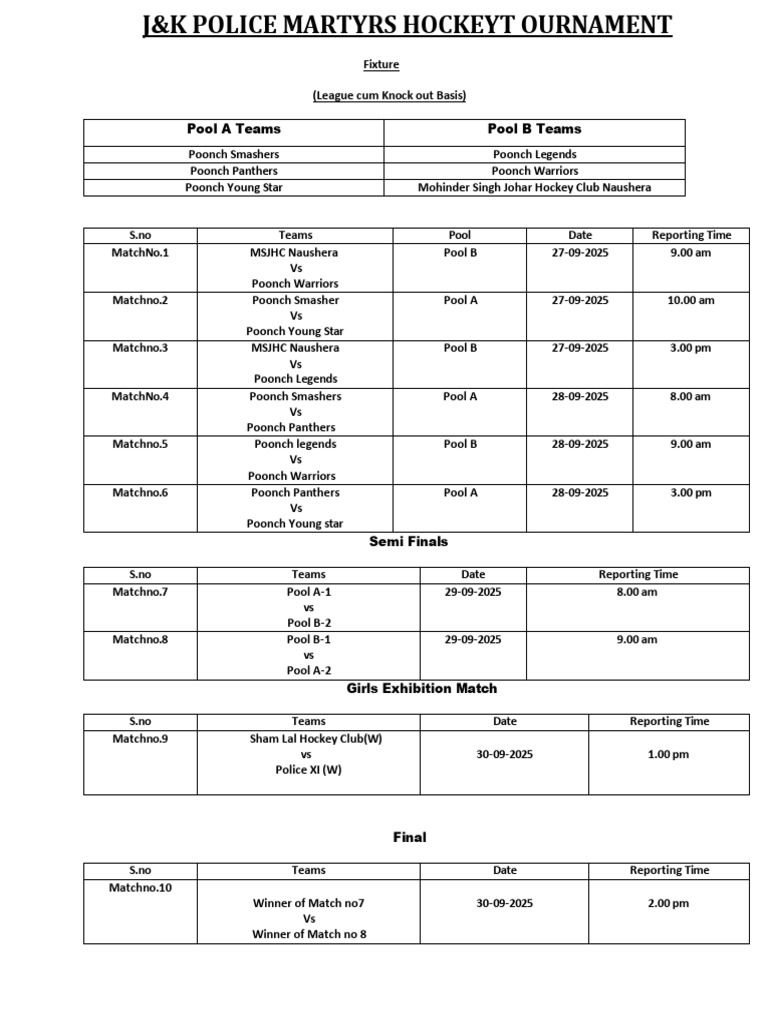 Updated Fixture Hockey Tournament CAP | PDF | Sports | Sports Competitions
