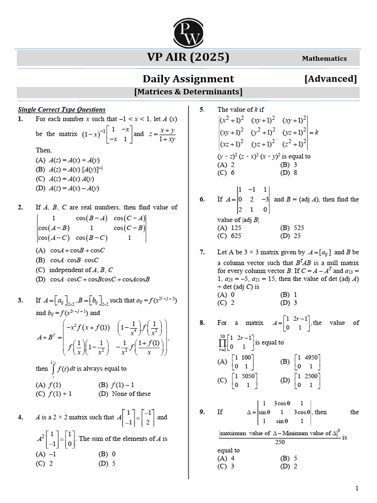 Matrices & Determinants - Practice Sheet | PDF | Matrix (Mathematics) | Determinant
