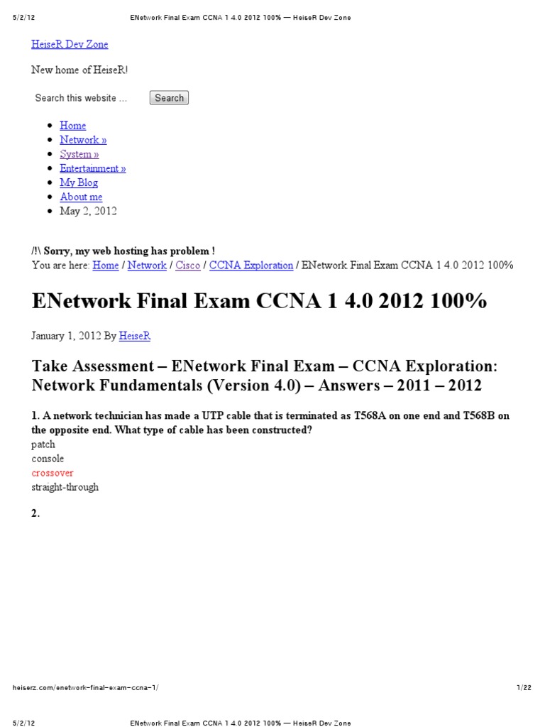 Enetwork Final Exam Ccna 1 4 Pdf Transmission Control Protocol Computer Network