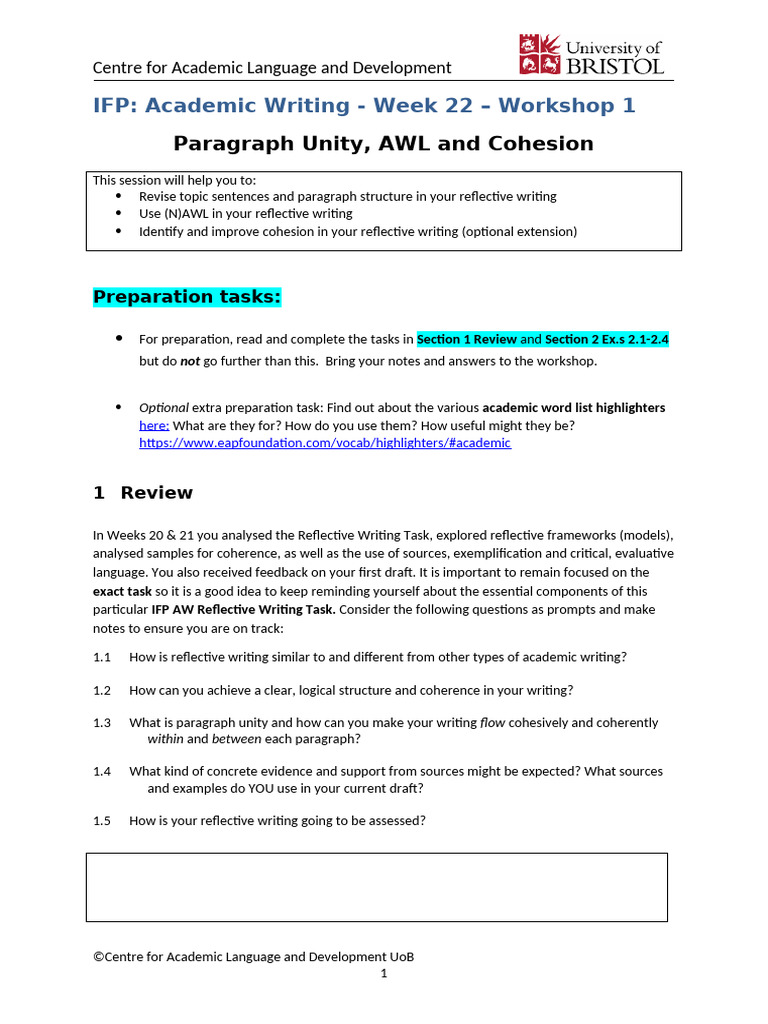 AW - Week 22 - Workshop 1 SN - Paragraph Unity (N) AWL CohesionD3 | PDF ...