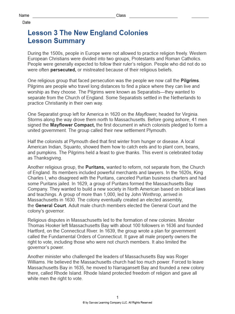 New England Colonies Summary | PDF | Massachusetts Bay Colony ...