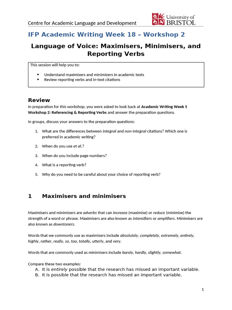 AW WK 18 Workshop 2 Maximisers, Minimisers, Reporting Verbs - SN (D2 ...