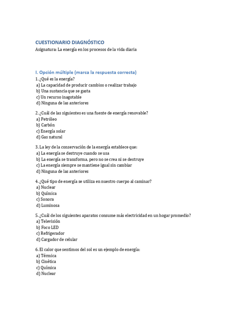 Cuestionario Diagnostico Energia | PDF | Energía renovable | Desarrollo energético