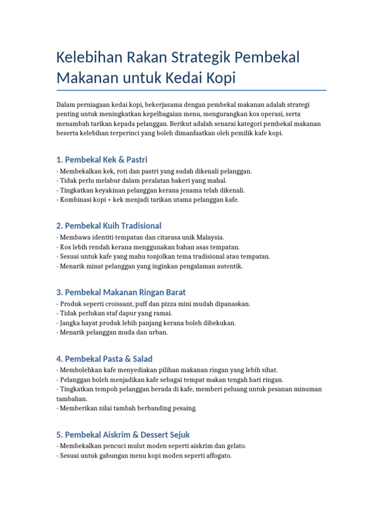 Kelebihan Pembekal Makanan Kedai Kopi | PDF