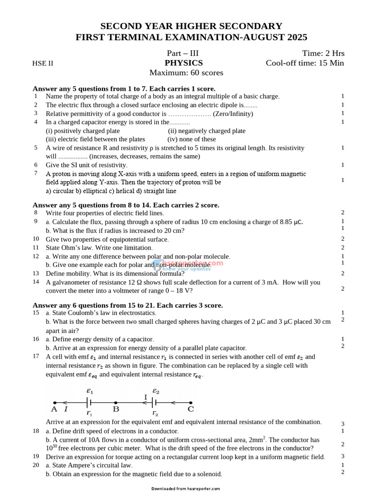 Physics QP(E+M)_First Terminal Exam 2025 | PDF