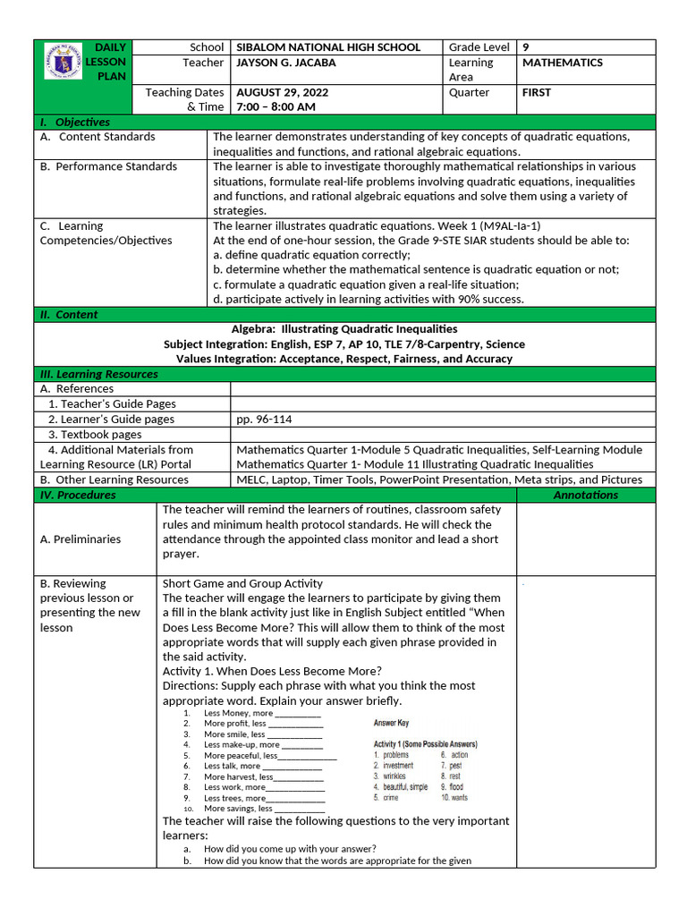 Grade 9 Quadratic Inequalities Lesson Plan | PDF | Equations | Learning