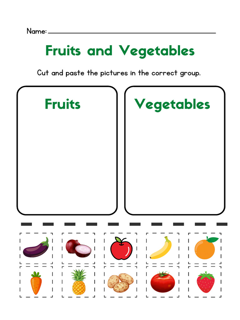 Colorful Illustrative Fruits and Vegetables Sorting Worksheet | PDF