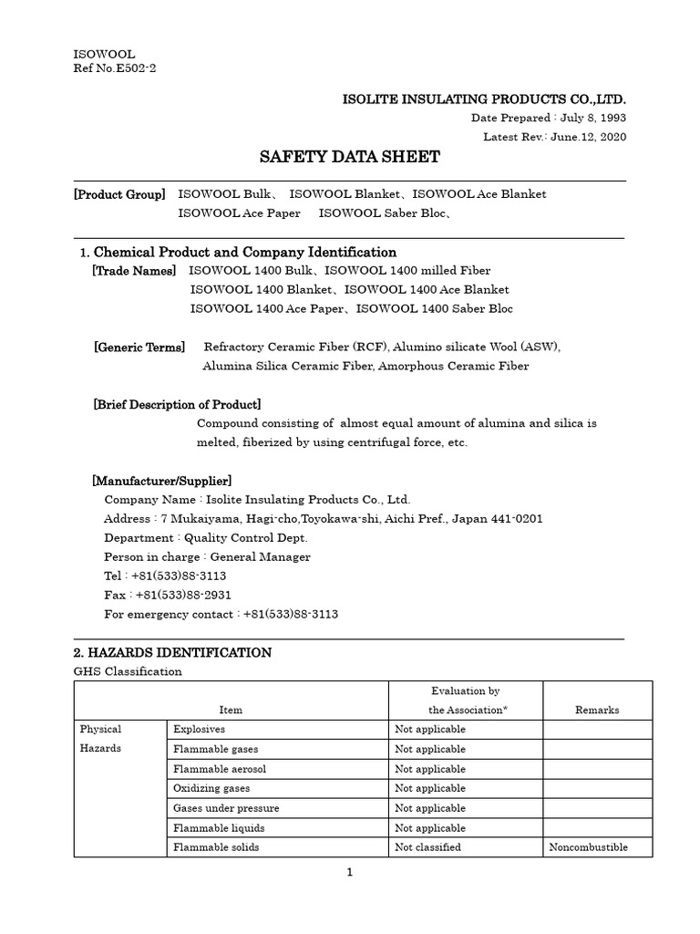 (E502-2) SDS - 1400BLKT, 1400bulk, 1400milled Fiber, 1400ace BLKT ...