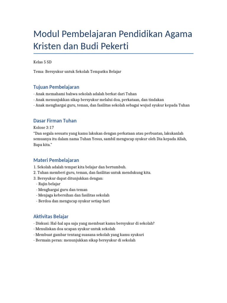 Modul PAK Bersyukur Untuk Sekolah Kelas5SD | PDF