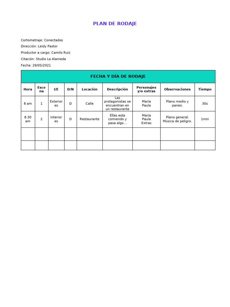 Plan de Rodaje en Word | PDF