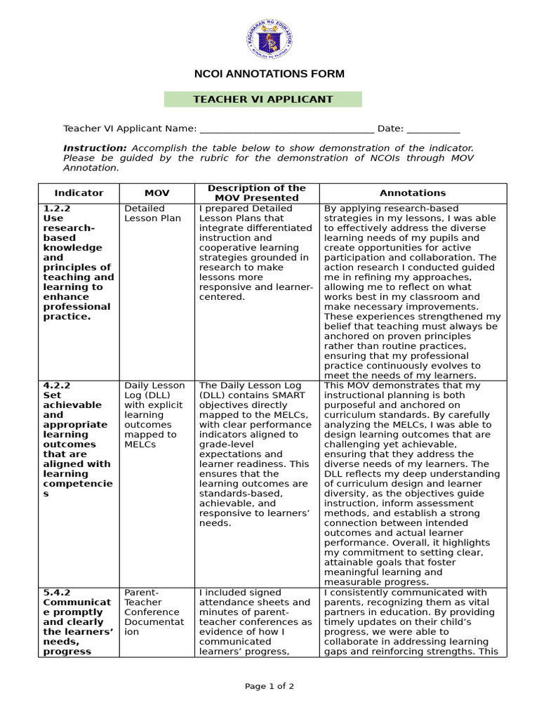 NCOI Annotation Form for Teacher VI | PDF | Learning | Educational ...