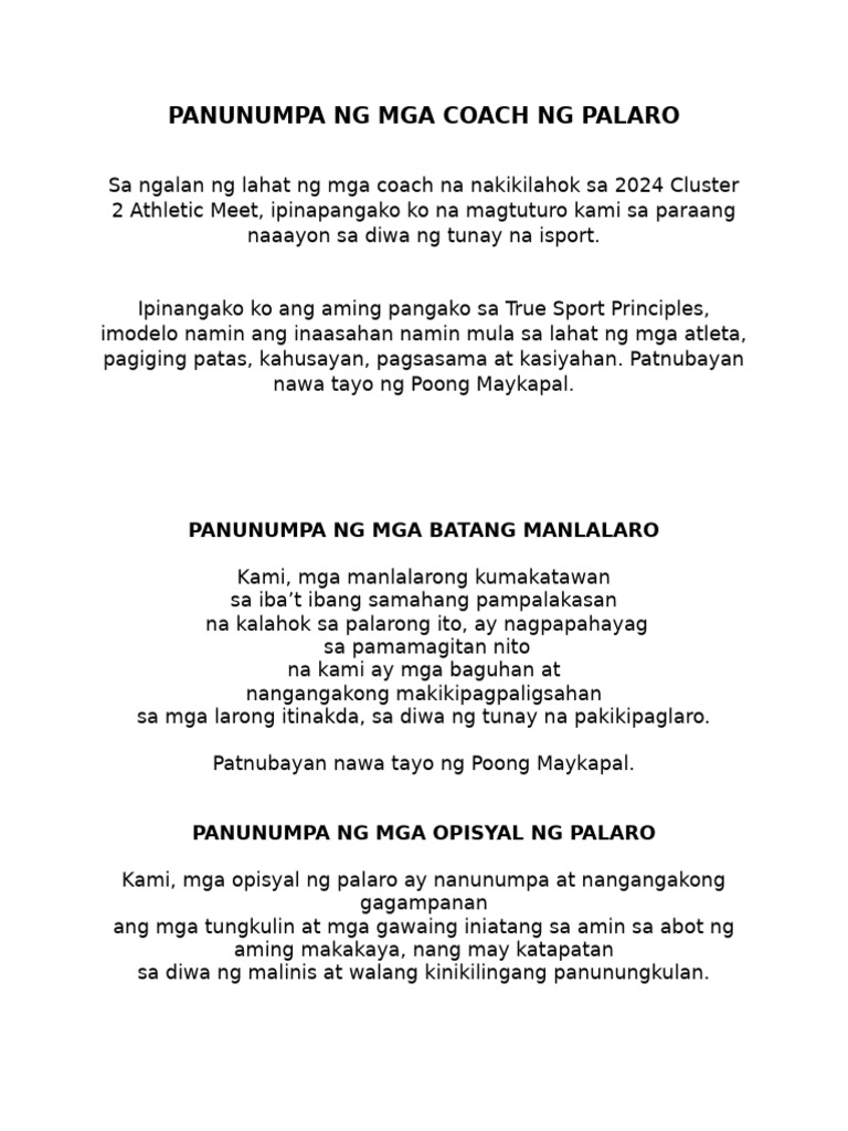 Panunumpa NG Manlalaro Coach Opisyal | PDF