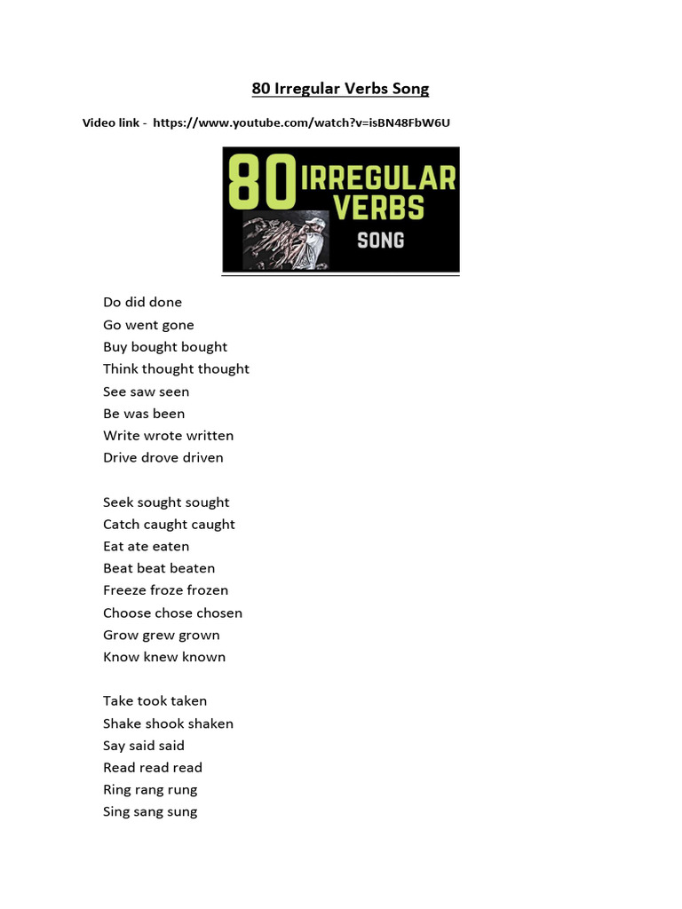 80 Irregular Verbs Song | PDF