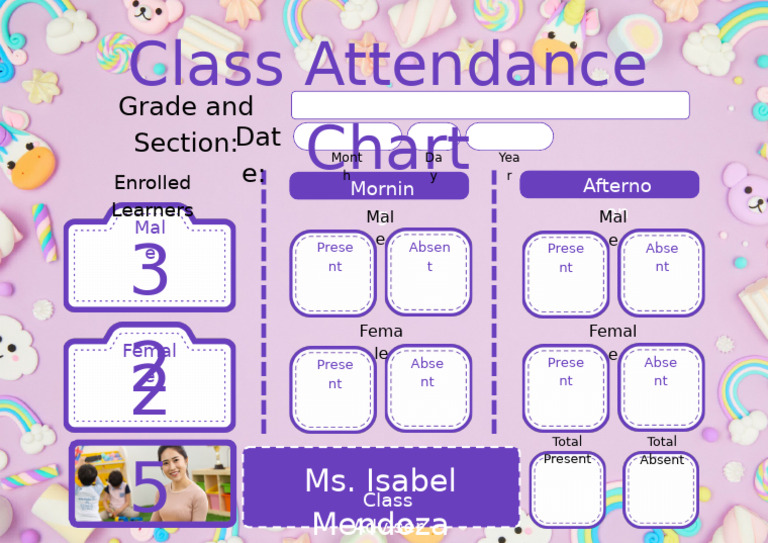 Class Attendance Chart in Purple and Kawaii Background Style | PDF