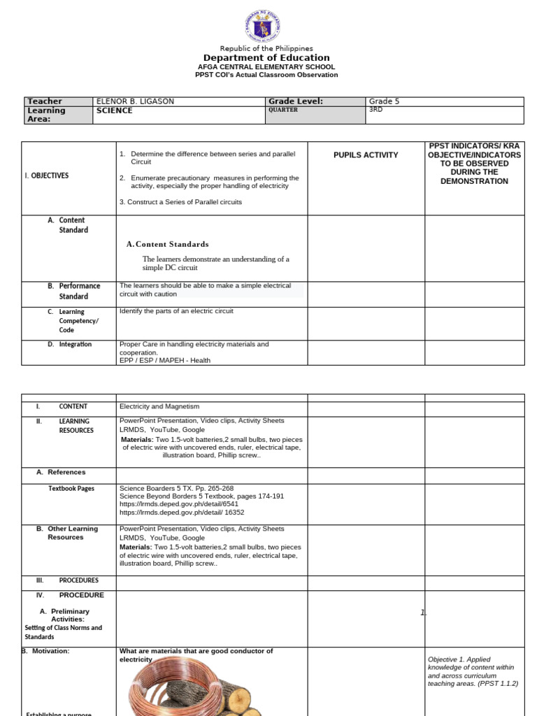 SERIES AND PARALLEL-Lesson-Plan-CO-in-Science-5-Q3 (Repaired) | PDF ...