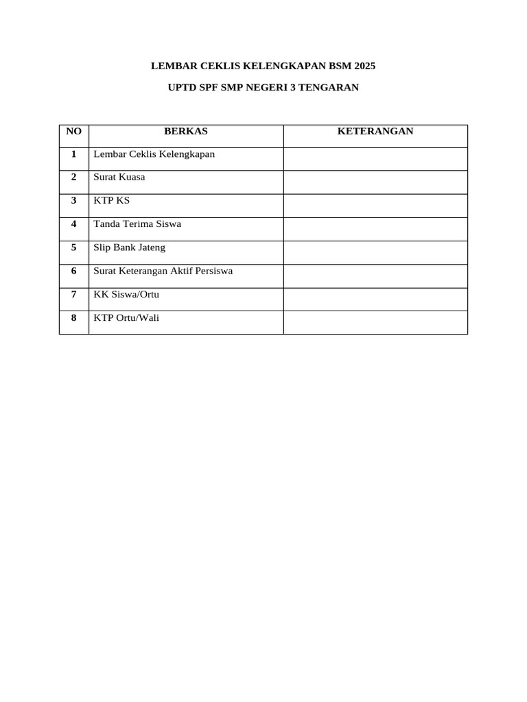 Lembar Ceklis Kelengkapan Bsm 2025 | PDF