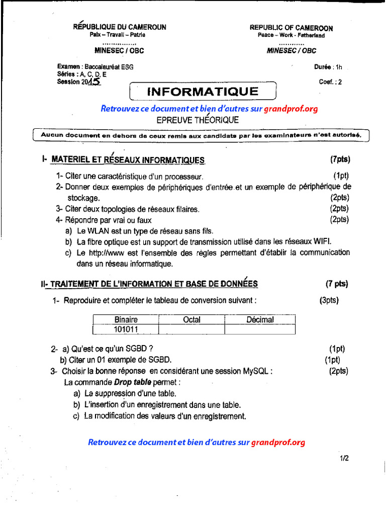 Informatique Bac 2015 | PDF