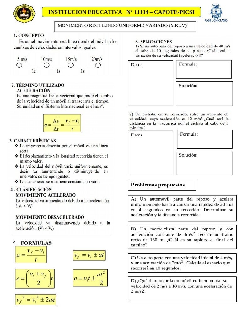 Movimiento Rectilineo Acelerado MRUV | PDF