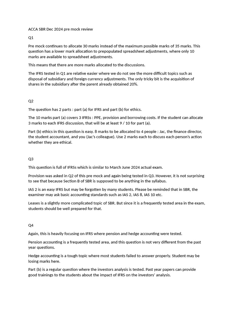 ACCA SBR Dec 2024 Pre-Mock Review Insights | PDF