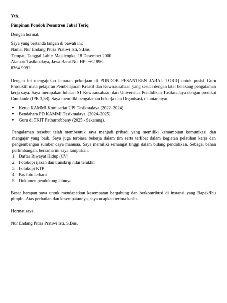 Surat Lamaran Jabal Toriq - Muhammad Dida | PDF