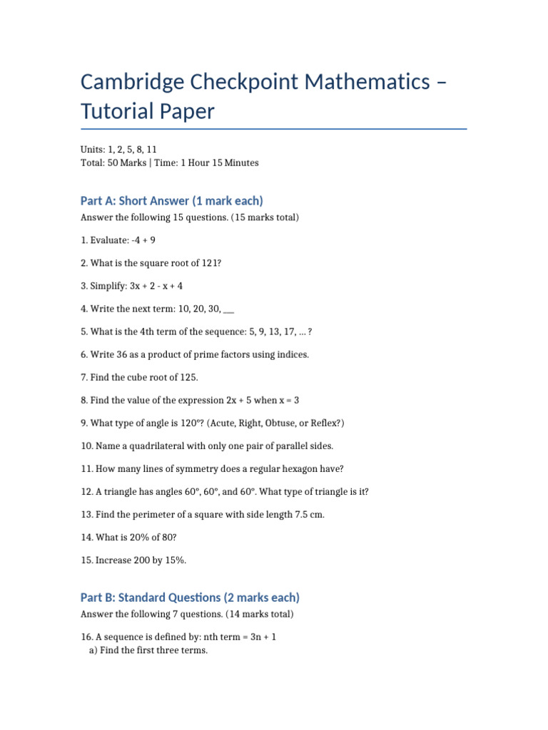 Cambridge Checkpoint Math Tutorial Paper | PDF