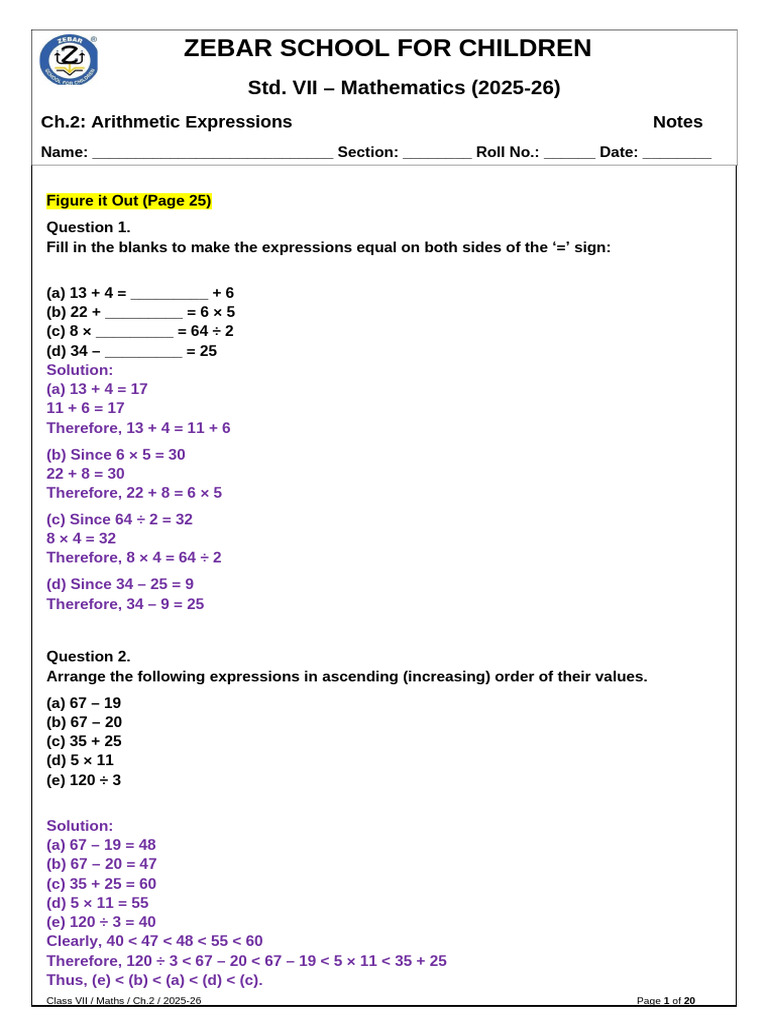 Class 7 Arithmetic Expressions Solutions | PDF | Mathematics
