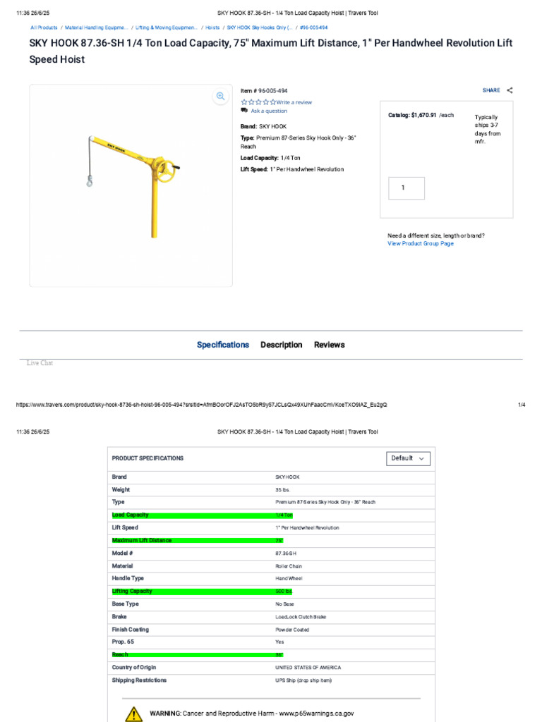 SKY HOOK 87.36-SH - 1_4 Ton Load Capacity Hoist _ Travers Tool (1 ...