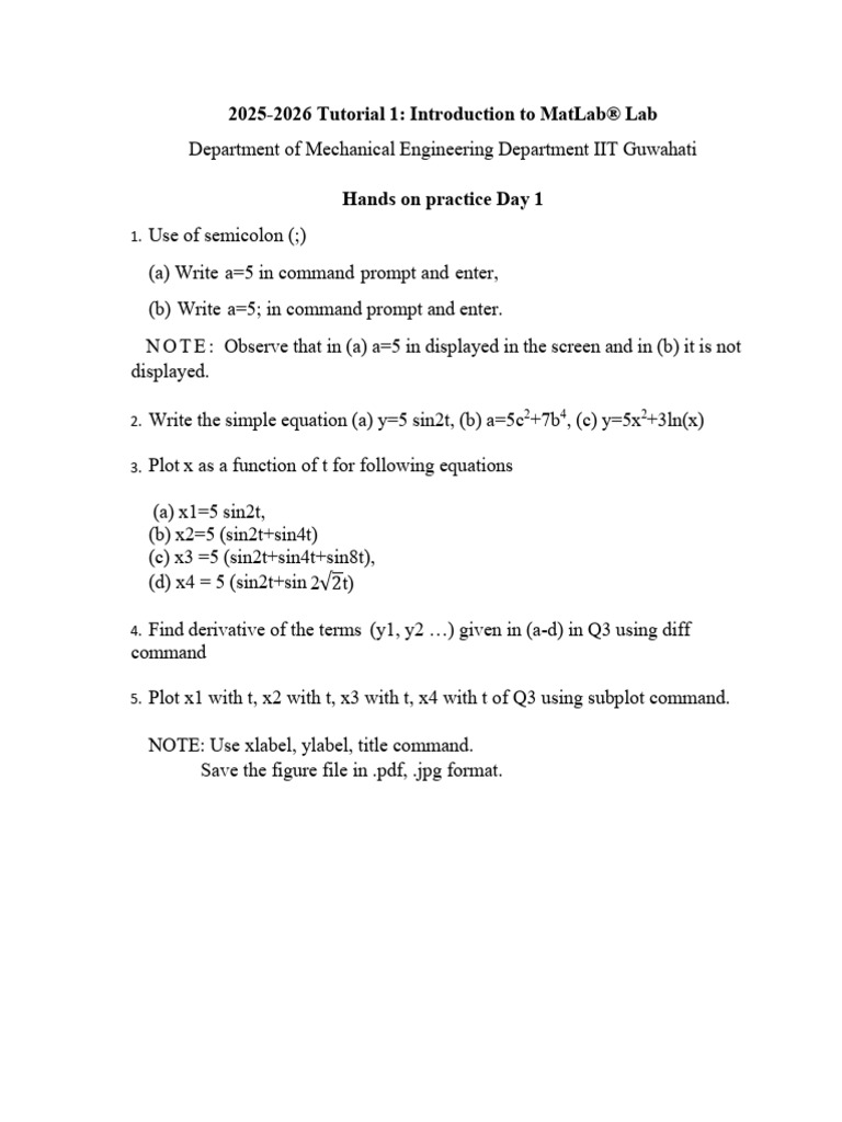 M1 Tutorial Sheet Matlab SSG | PDF