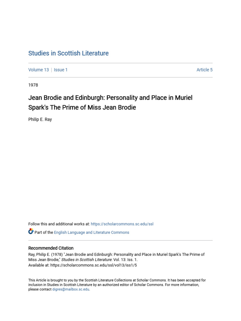 Jean Brodie and Edinburgh - Personality and Place in Muriel Sparks The ...