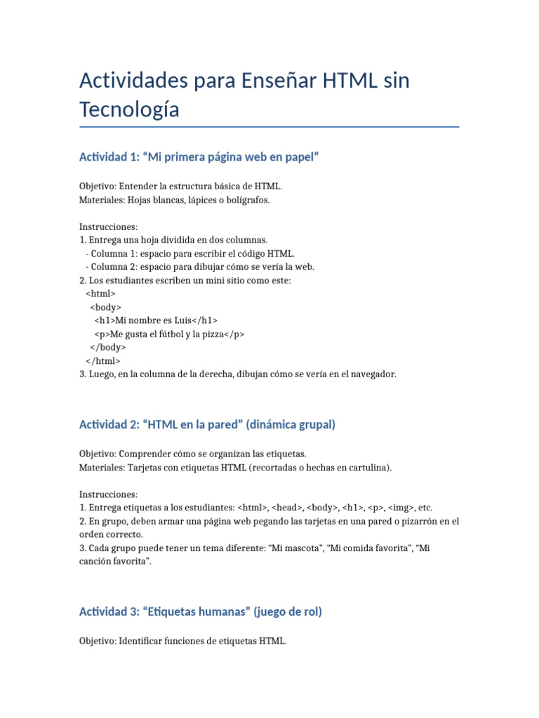 Actividades HTML Sin Tecnologia | PDF