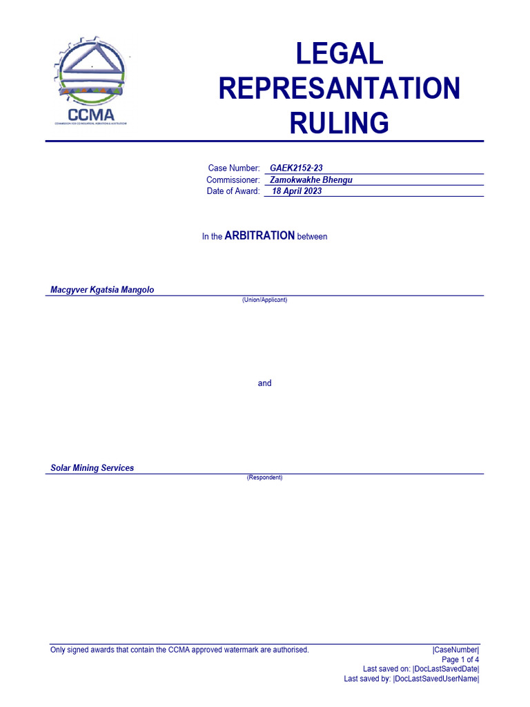 CCMA Ruling on Legal Representation | PDF | Witness | Justice